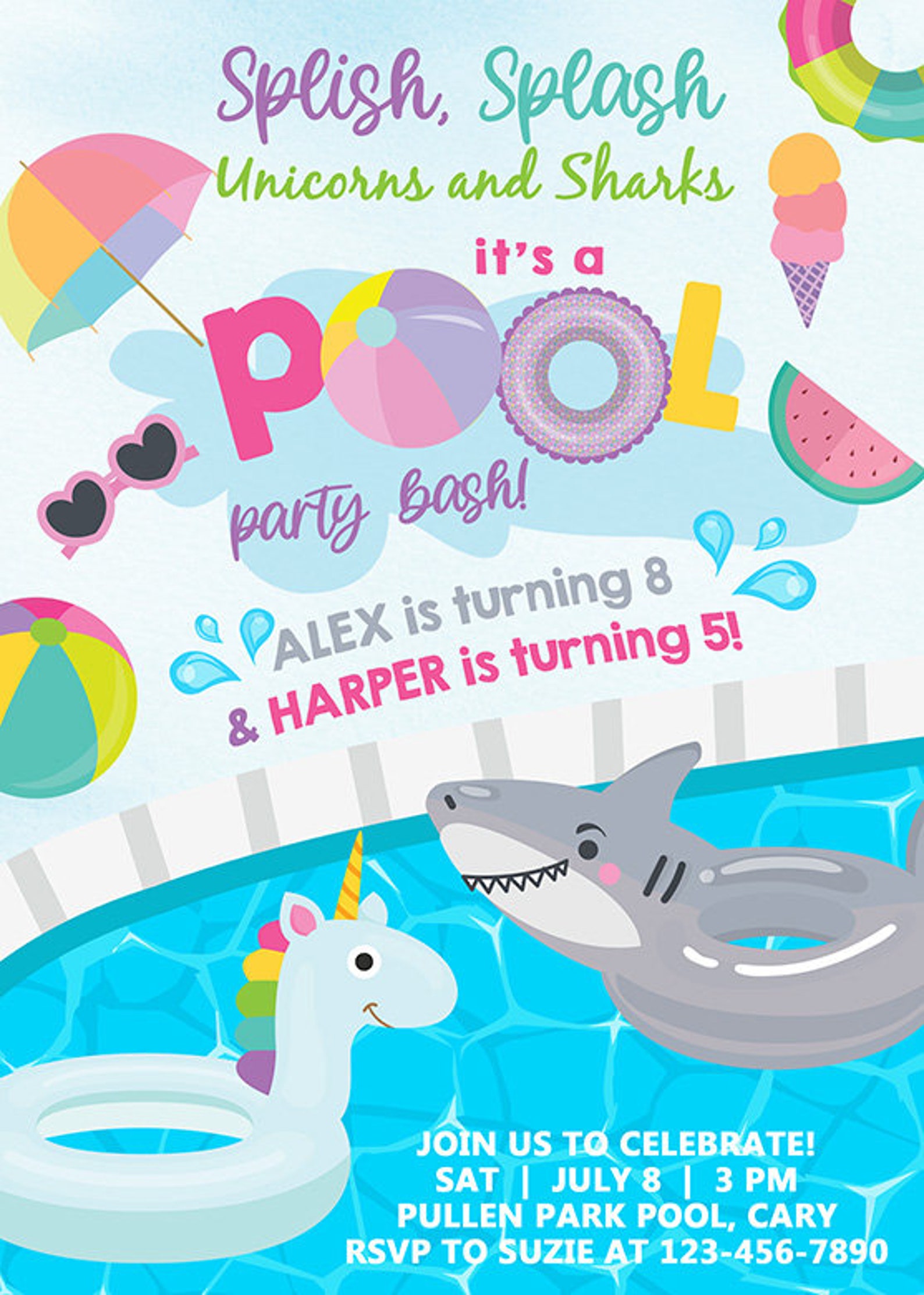 Pool Party Bash Combined Birthday Invitation Splish Splash - Etsy