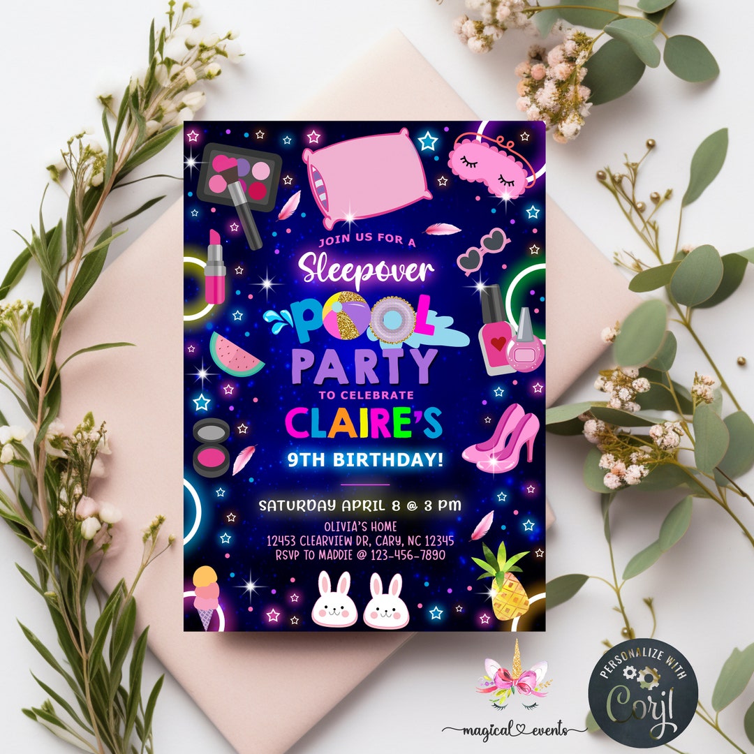 Slumber Party Fashion Makeup Girl Birthday Invitation, Sleepover Pool ...