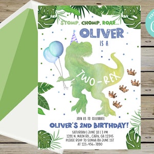 Two-rex Dinosaur Boy Birthday Invitation, Boy Invite, T-rex, Digital ...
