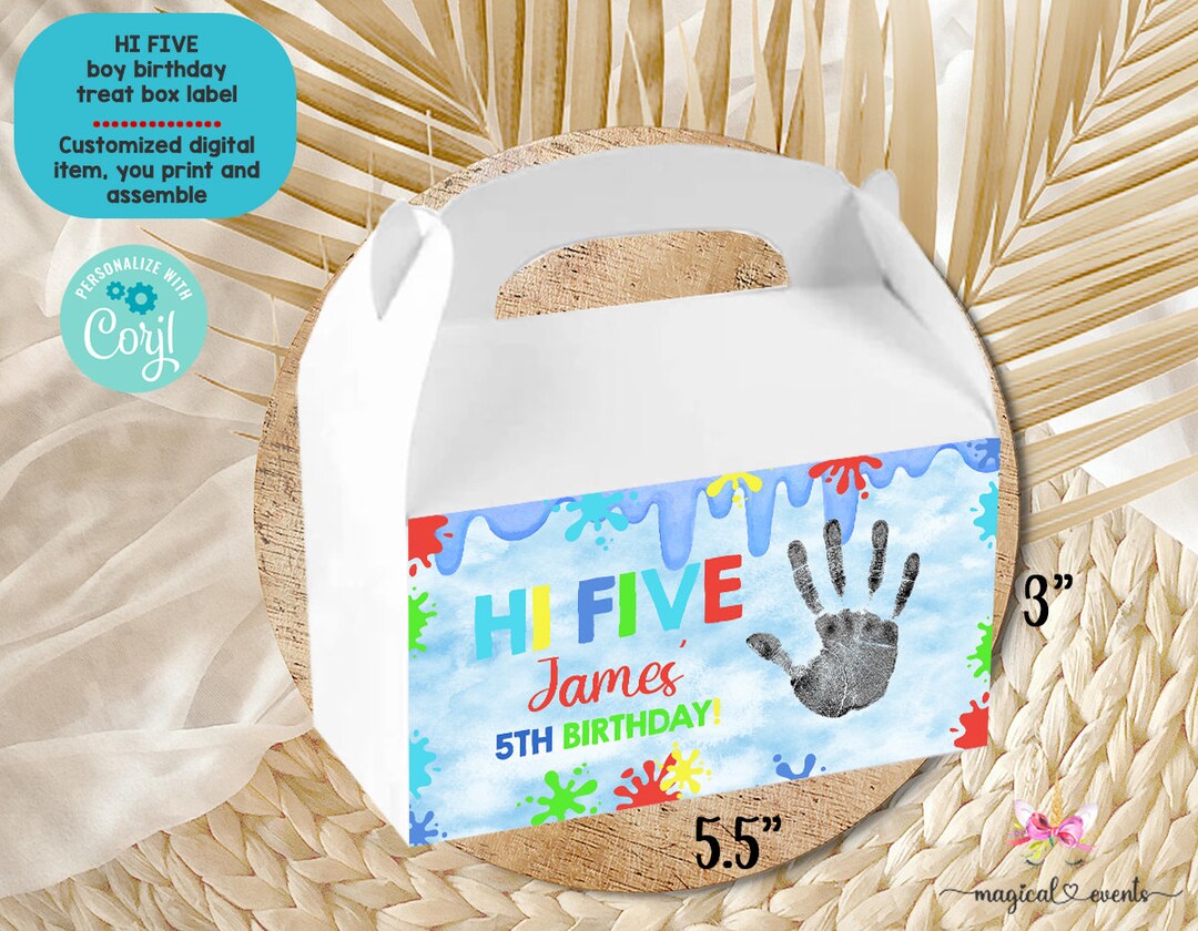 HI FIVE Handprint & Slime Treats Box, Gable Box, Favor Box, Boy Hi Five ...