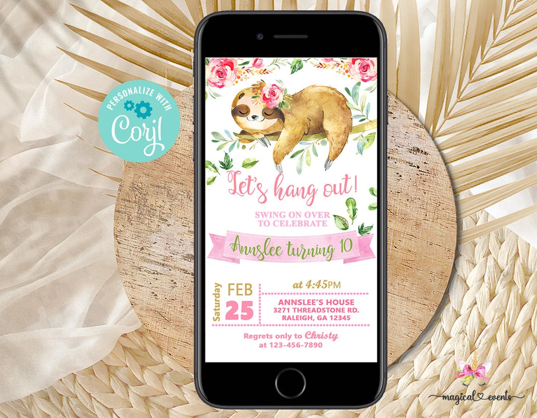 Sloth Girl Birthday Cell Phone Invite, Pink Sloth Birthday Phone ...