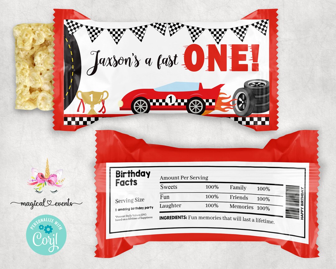 Race Car Birthday Crispy Rice Labels, Red Race Car Party Favors Favor ...
