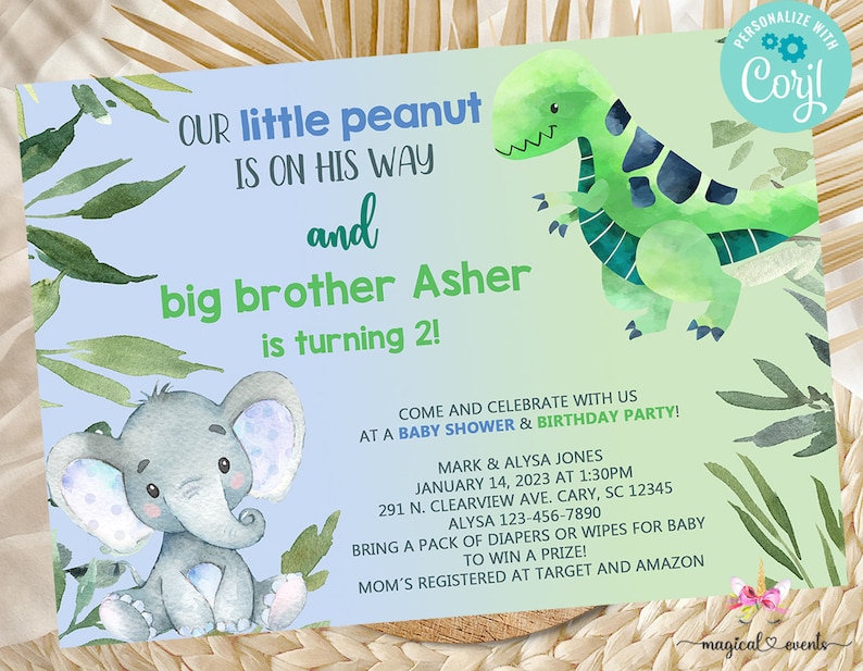 Siblings Combined Baby Shower and Birthday Invitation, Elephant Baby ...