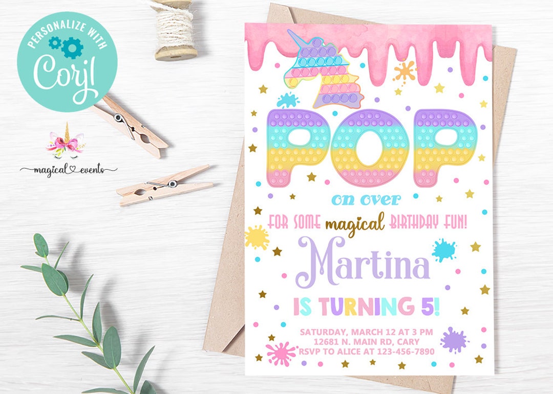 Popit & Unicorn Girl Birthday Invitation, Any Age Girl Birthday Invite ...