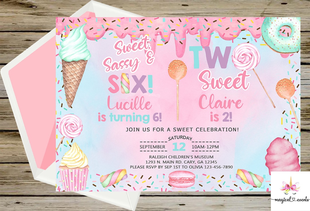 Siblings SWEET ONE Theme Birthday Invitation, Two Girls, Sisters ...
