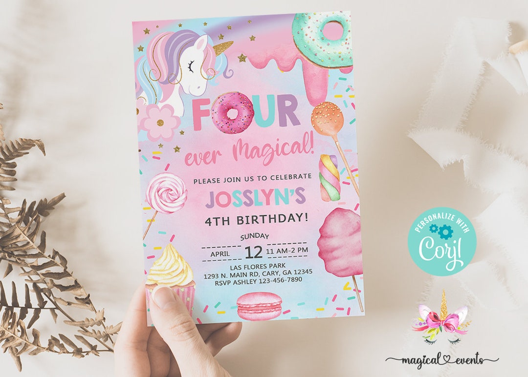 Four Ever Magical Girl 4th Birthday Invitation Invite, Cotton Candy ...