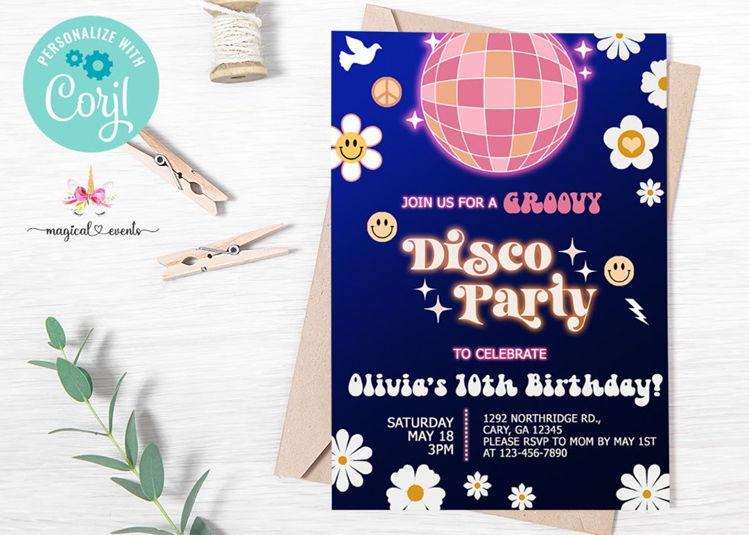 Groovy Disco Party Invitation, 70's Retro Hippie Daisies, Girl Disco ...