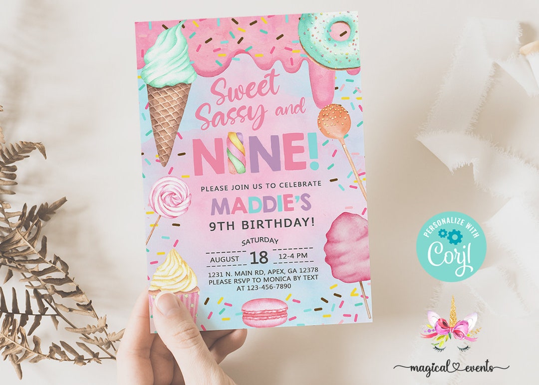 Candy Sweet Sassy and Nine Girl 9th Birthday Invitation, Invite, Cotton ...