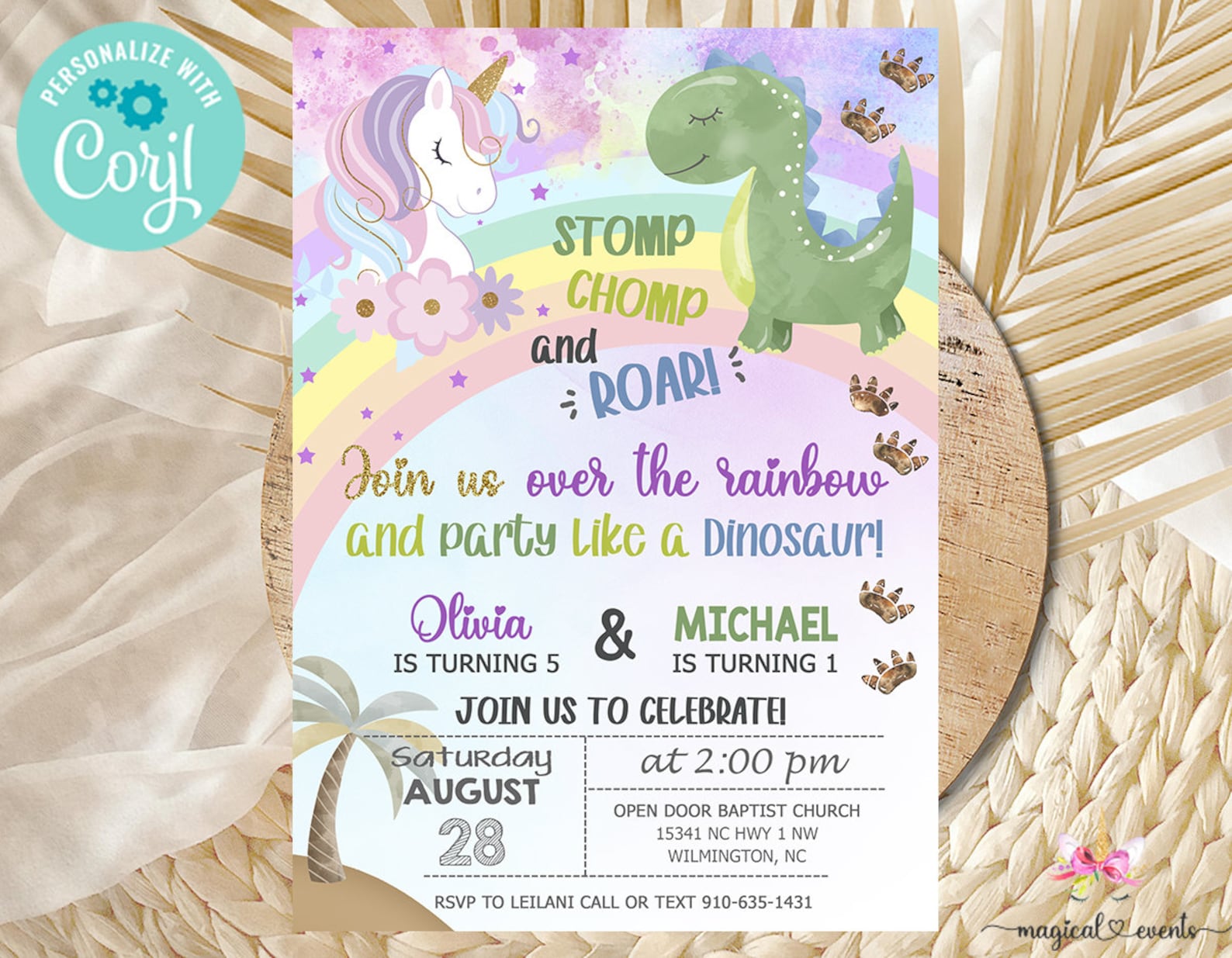 Siblings Dinosaur and Unicorn Birthday Invitation, Invite Digital ...