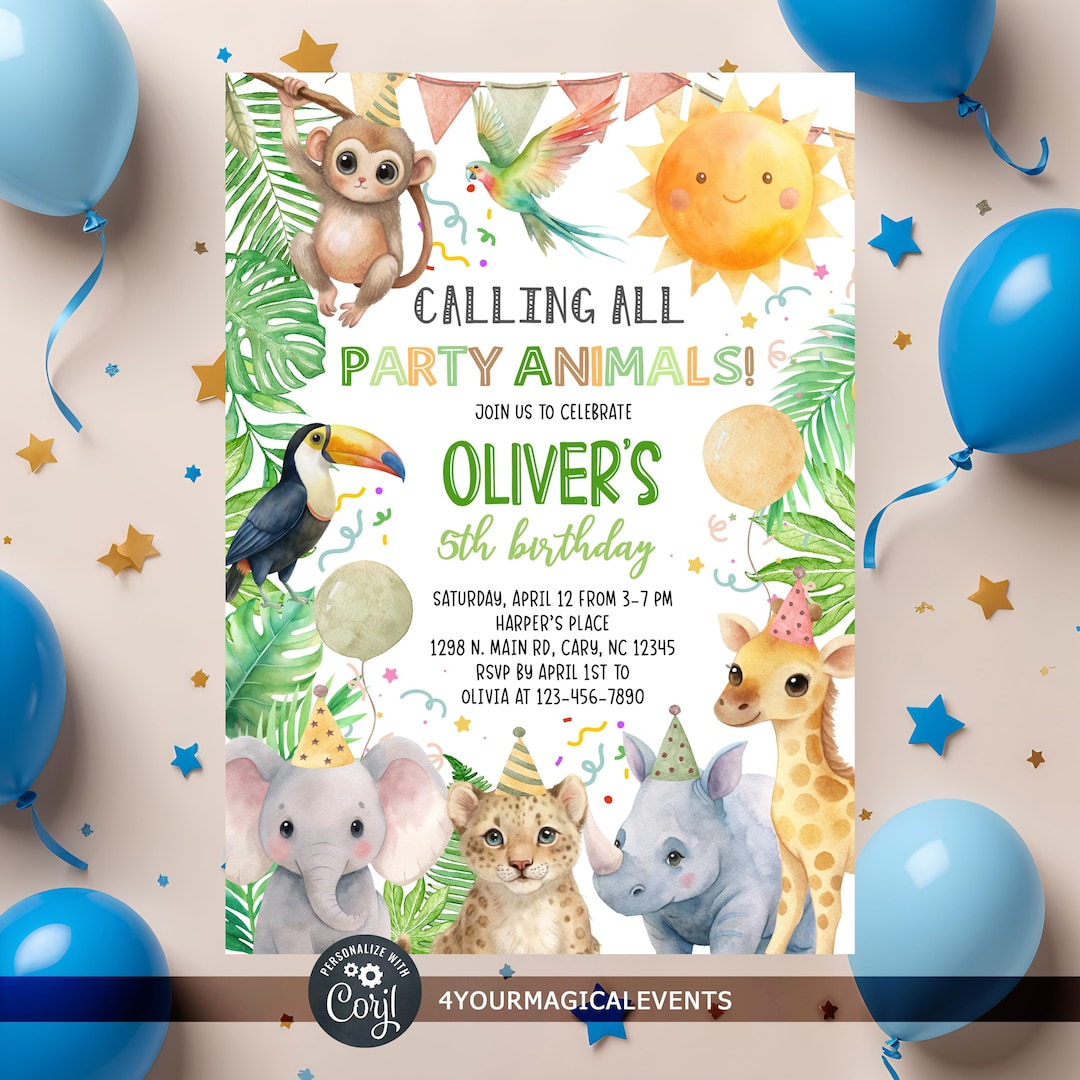 Safari Baby Animals Birthday Invitation, Boy Safari Cubs Invite, Corjl ...