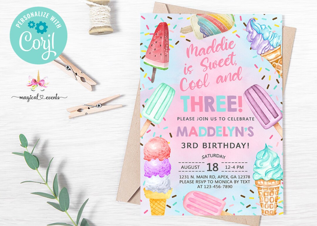 Cool & Three Popsicles and Ice Cream Girl 3rd Third Birthday Invitation ...