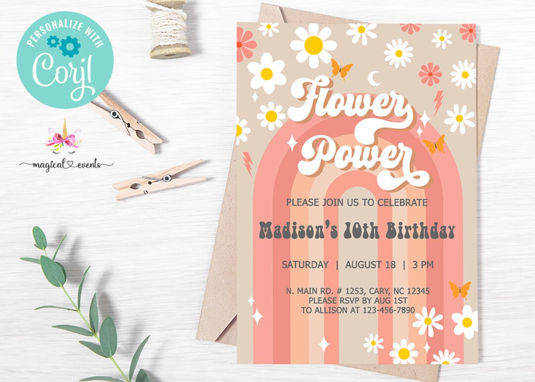 FLOWER POWER Girl Birthday Invitation, 70s Retro Daisies Pink Flowers ...