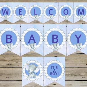 Blue Elephant Baby Shower Digital Banner, Baby Shower Favors Favor, Boy ...