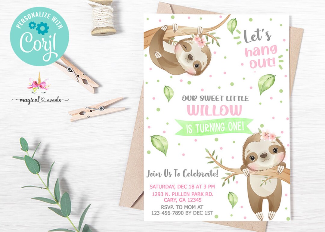 Sloth Girl Birthday Invitation, Lets Hang Out Girl Birthday Invite ...