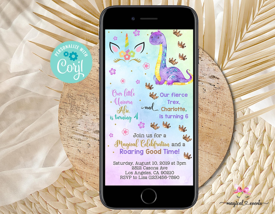 Unicorn & Dinosaur Girls Siblings Birthday Invite, Cell Phone ...