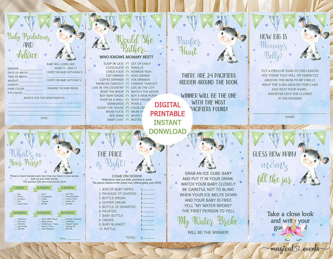 VOLUME 2 - Cow & Blue Buntings Baby Shower Games Bundle, Cow Blue ...