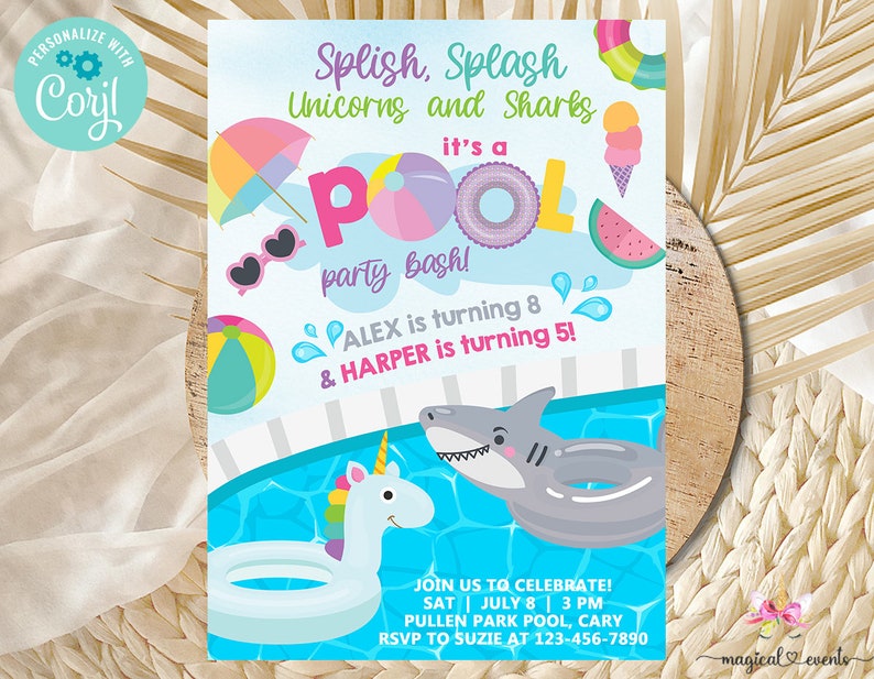 Pool Party Bash Combined Birthday Invitation Splish Splash - Etsy