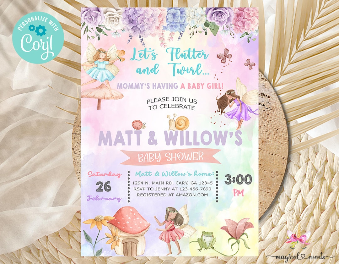 Fairy Baby Shower Invitation, Girl Fairies Baby Shower Invite, Corjl ...