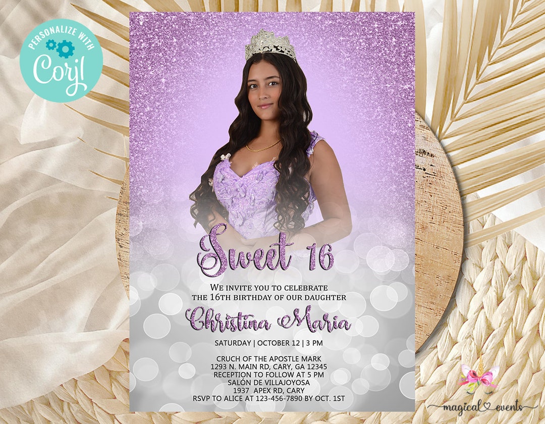Sweet 16 Sixteen Photo Invitation, Quinceañera, Silver Bokeh, Lavender ...