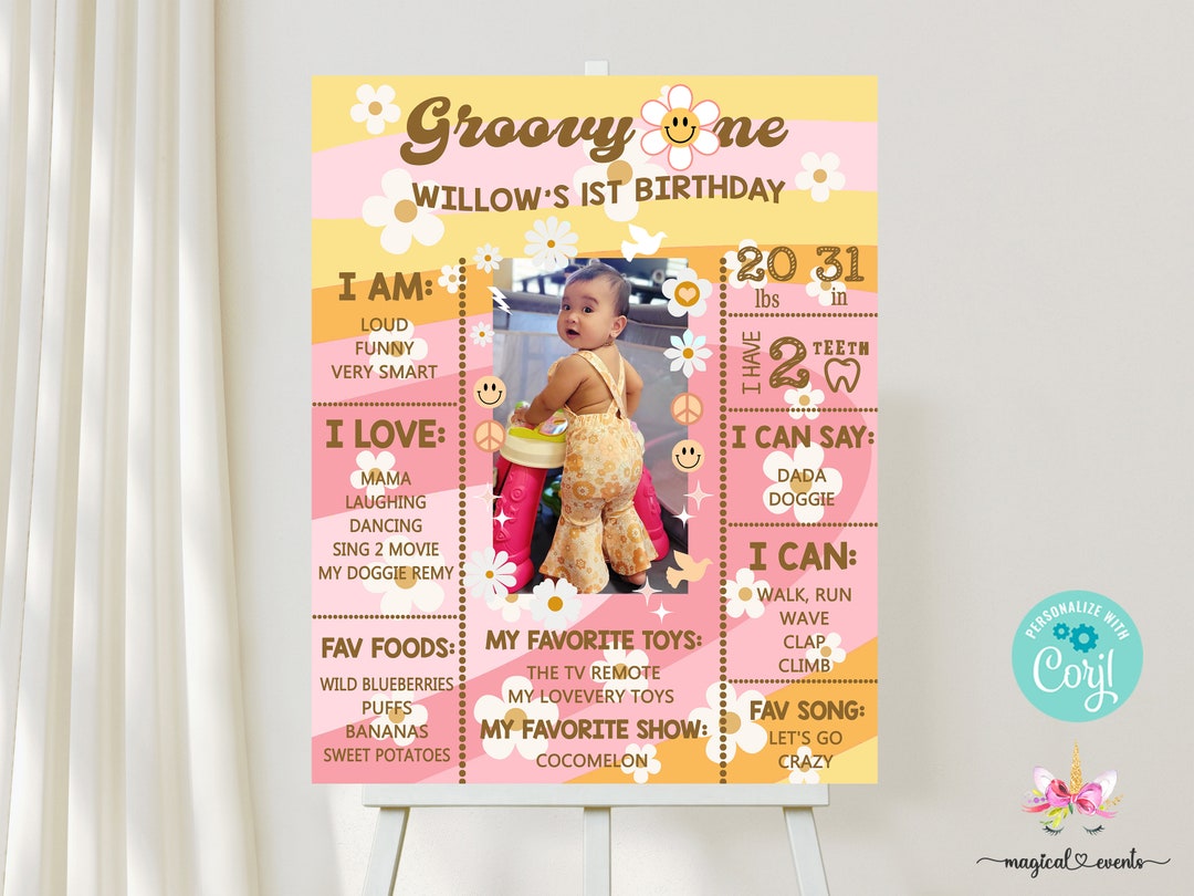 Girl Pink Orange Groovy Birthday Chalkboard, Milestones Birthday Sign ...