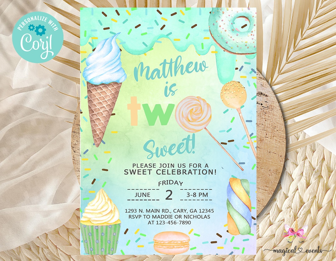 Candy Two Sweet Boy Birthday Invitation, Boy Two Sweet Birthday Invite ...