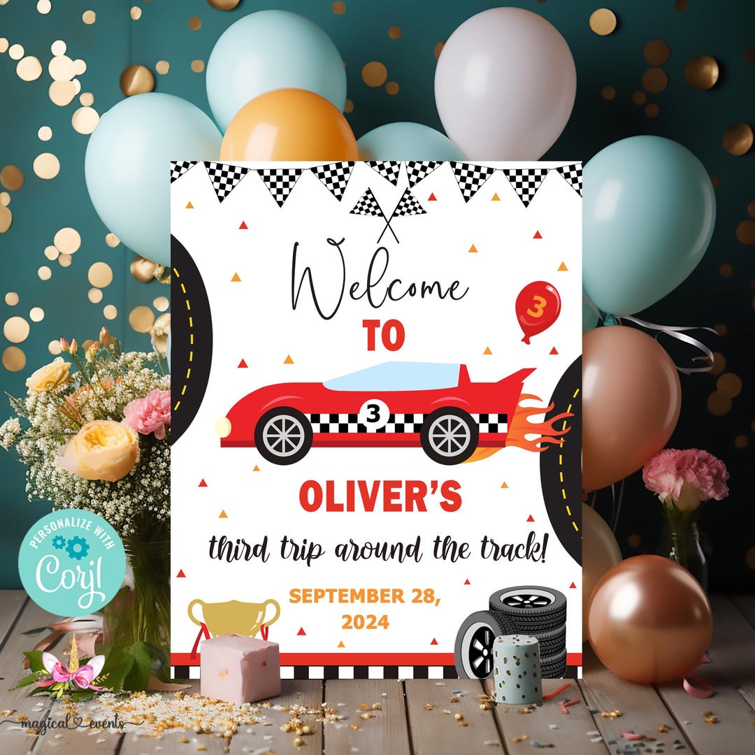18x24 Boy Race Cars 3rd Birthday Welcome Sign, Race Car Birthday, Corjl ...