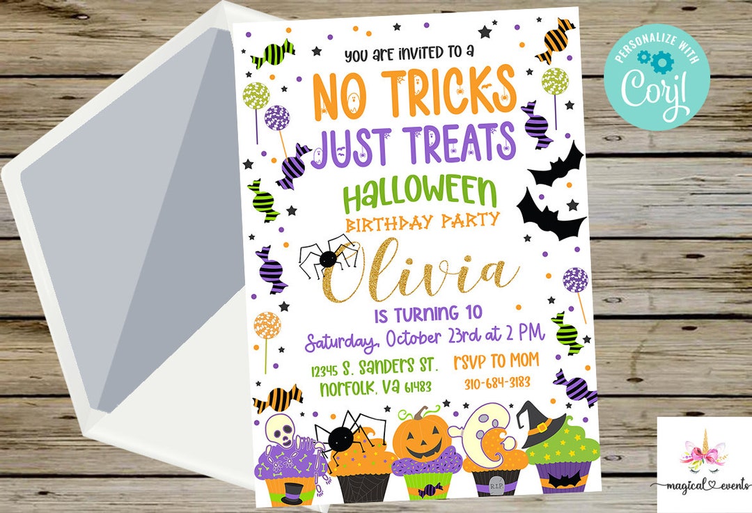 Halloween No Tricks Just Treats Girl or Boy Birthday Invitation ...