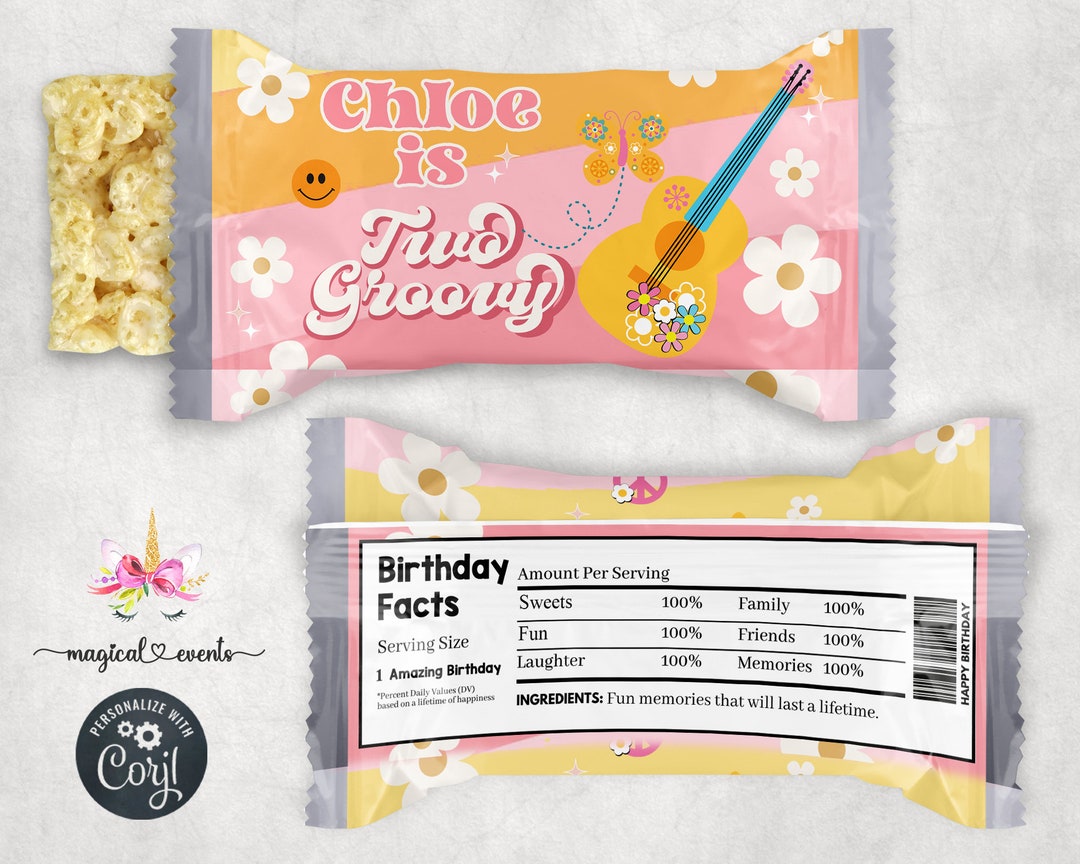 Two Groovy Birthday Crispy Rice Labels, Two Groovy Party Favors, Favor ...