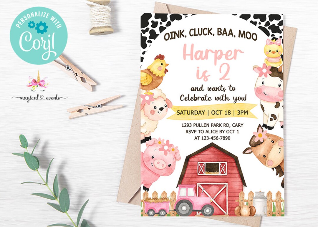Farm Girl Birthday Invitation, Girl Farm Animals & Tractor Birthday ...