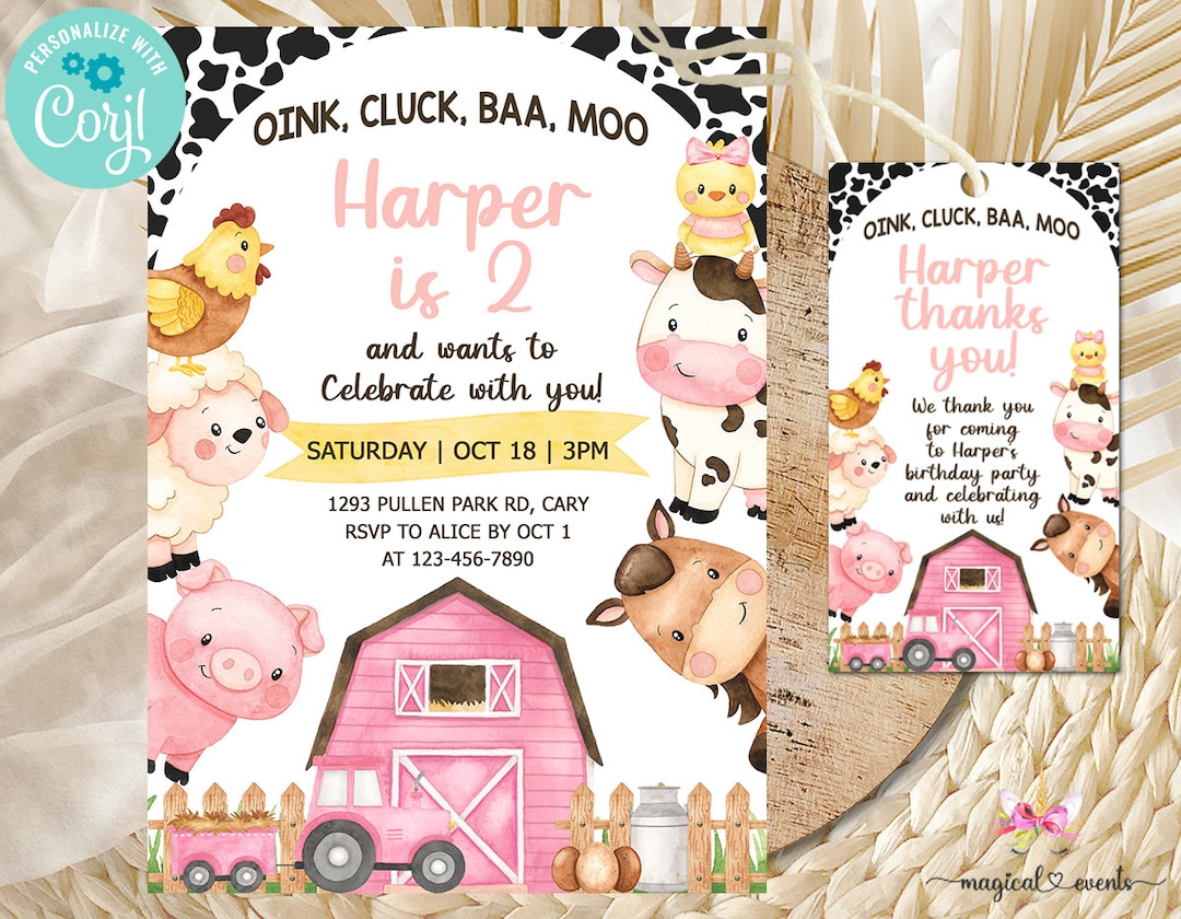 Pink Farm Girl Birthday Invitation & Thank You Tag Bundle, Girl Pink ...