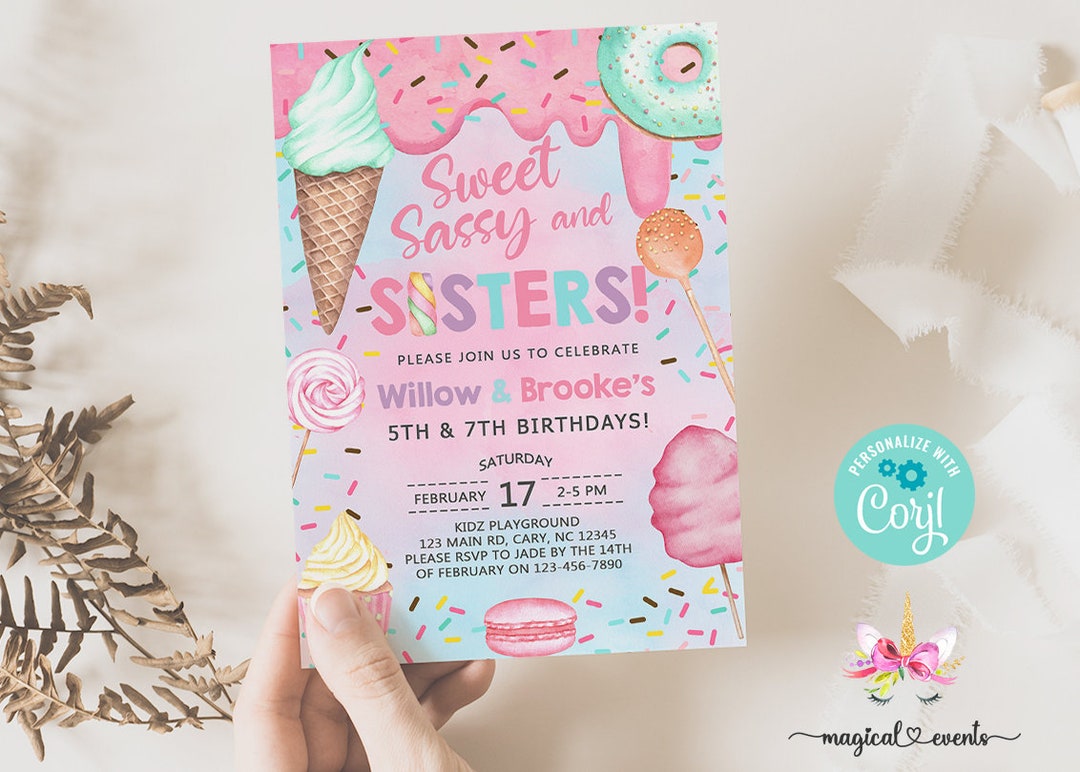Candy Siblings SWEET SISTERS Girl Birthday Invitation, Birthday Invite ...