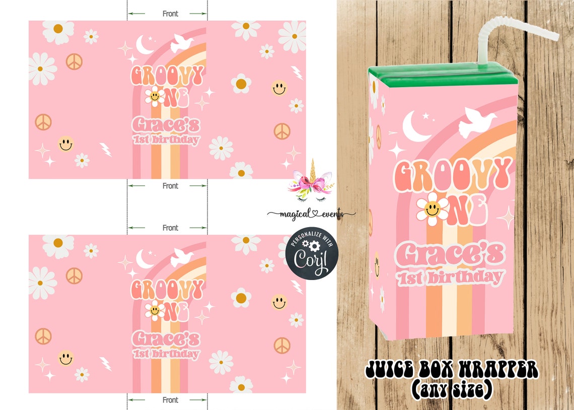 Groovy One Juice Box Labels, Girl First 1st Birthday Party Favor Favors ...