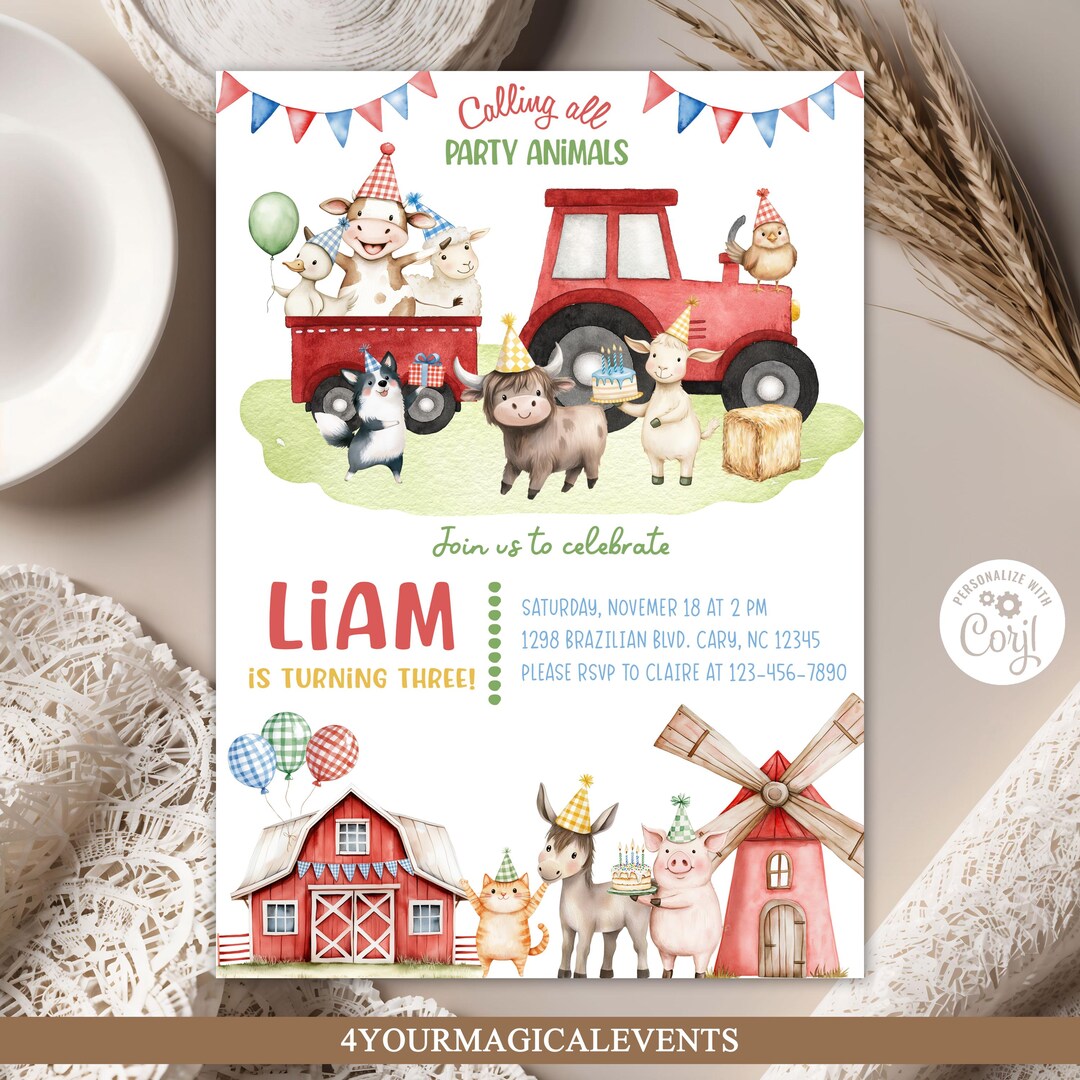 Farm Party Animals Birthday Invitation, Farm Boy Birthday Invite, Corjl ...