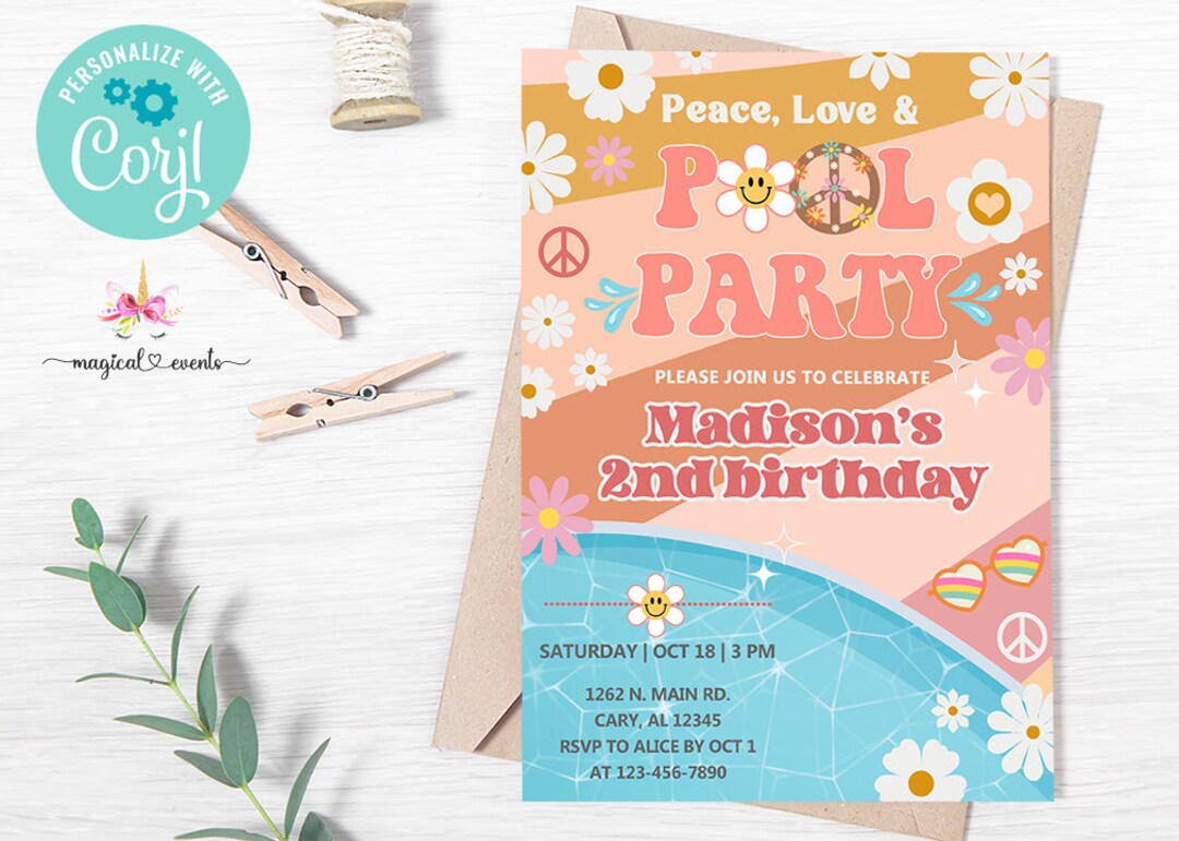 Groovy Pool Party Birthday Invitation, 70's Retro Hippie Daisies, Girl ...
