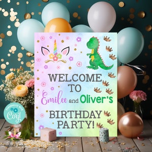16x20 Siblings Unicorn and Dinosaur Birthday Welcome Sign, Dinosaurs ...