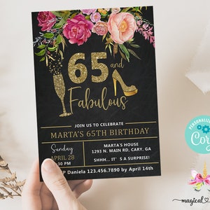 65 and Fabulous Birthday Invitation, Pink Flowers Gold Glitter Invite ...