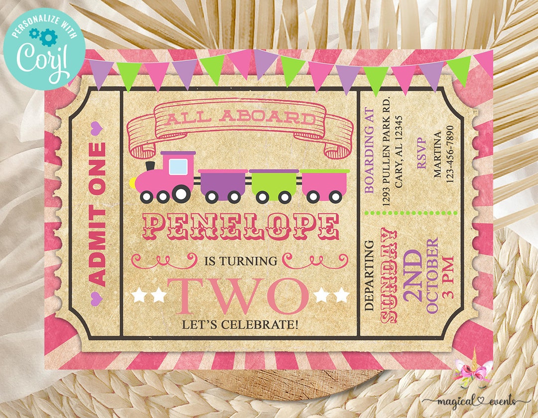 All Aboard Train Ticket Girl Birthday Invitation, Girl Train Birthday ...