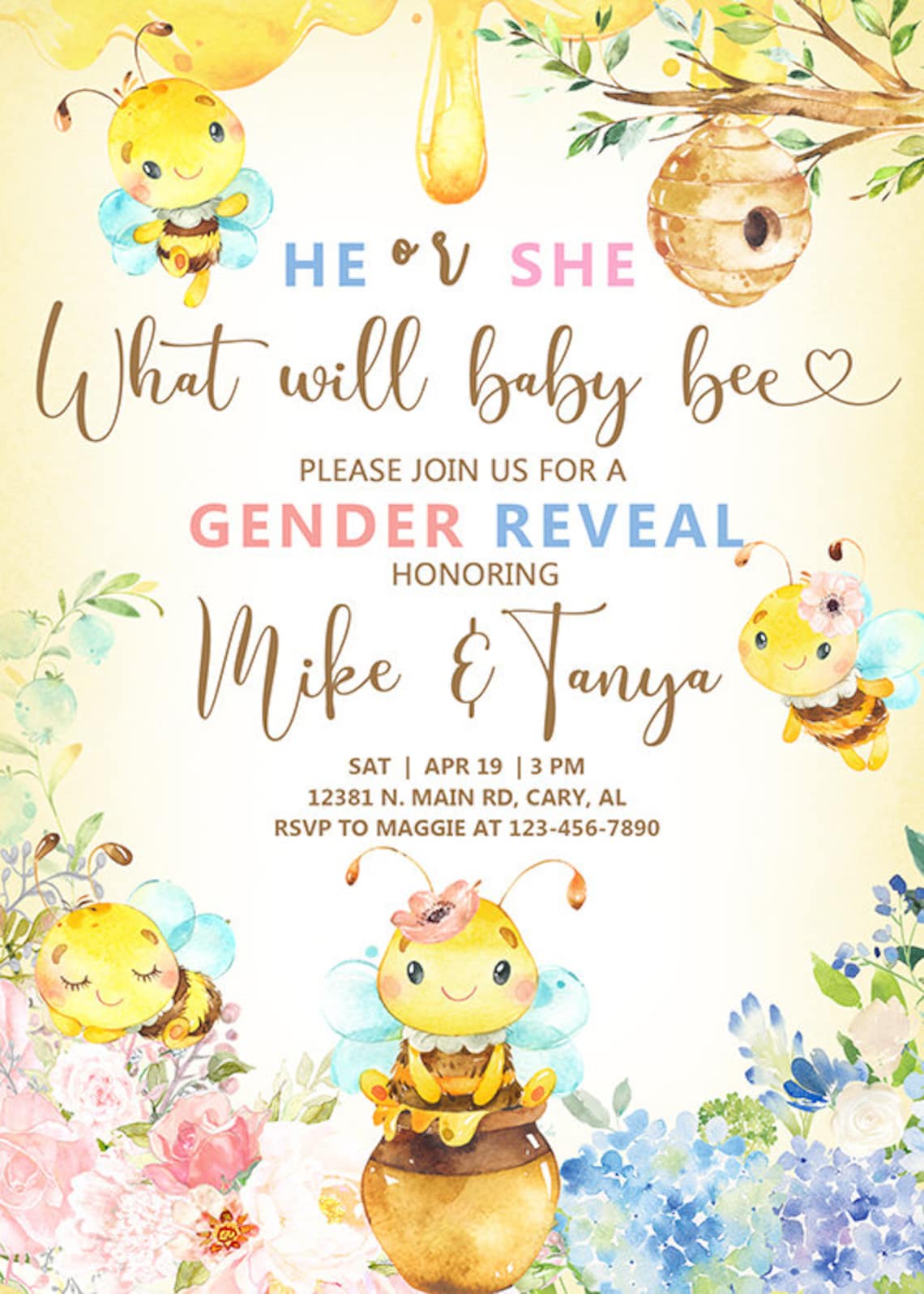 Bee Gender Reveal Invitation, Gender Reveal Invite, What Will Baby Bee ...
