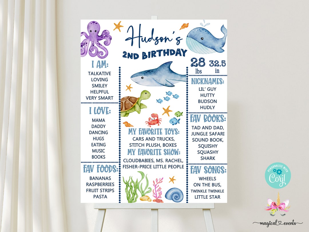 Sea / Ocean Life Animals Boy Birthday Chalkboard, Boy Milestones ...