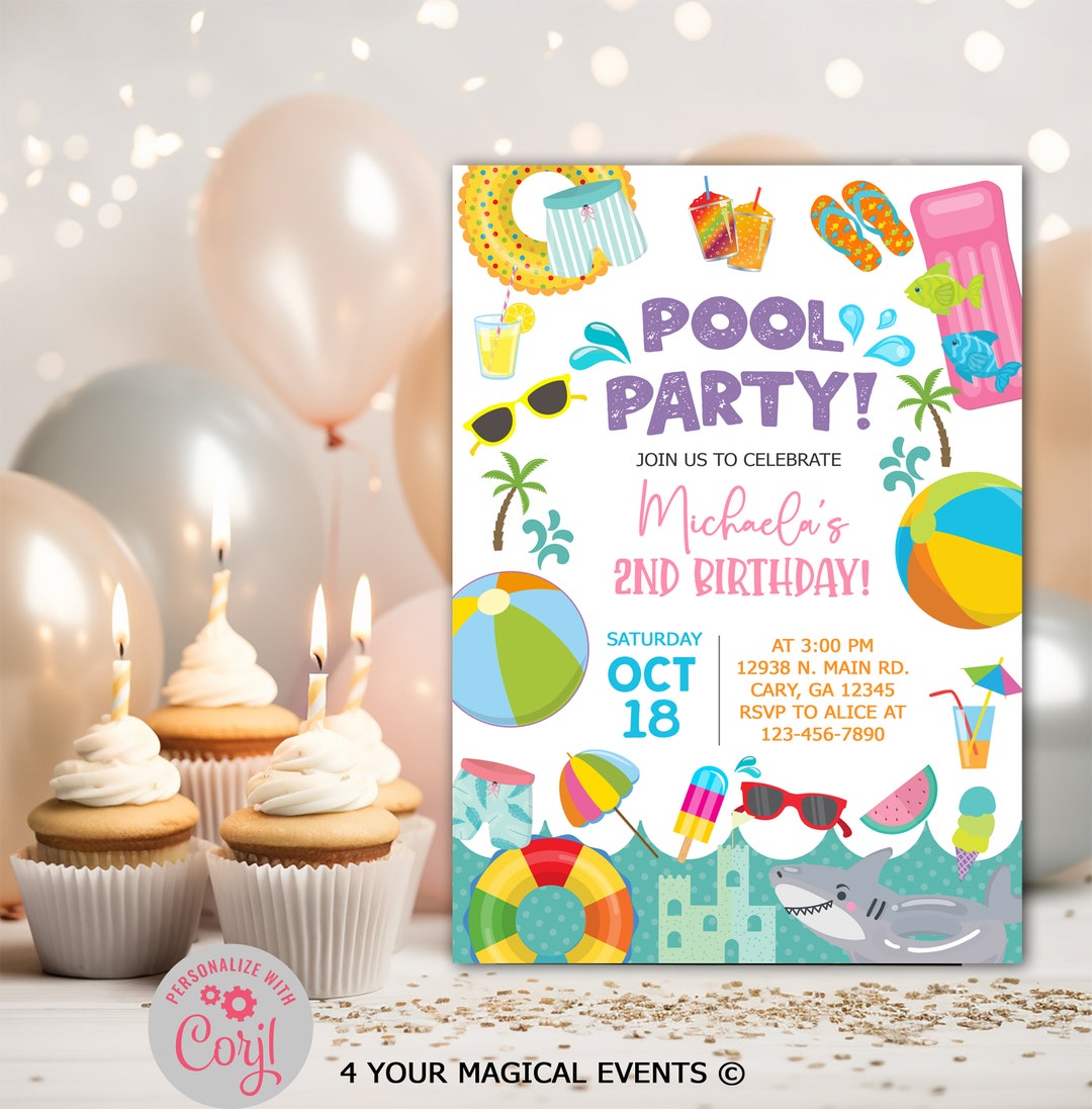 Pool Party Girl Birthday Invitation, Girl Pool Birthday Invite, Corjl ...