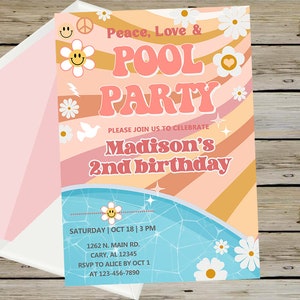 Groovy Pool Party Birthday Invitation, 70's Retro Hippie Daisies, Girl ...
