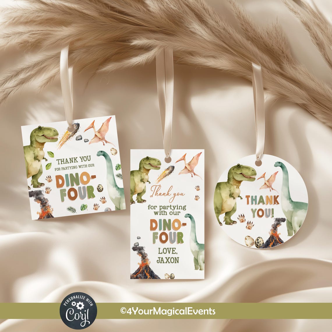 3 Boy Dinosaurs Thank You Tags, 4th Birthday Favors Favor, Dinos Thank ...