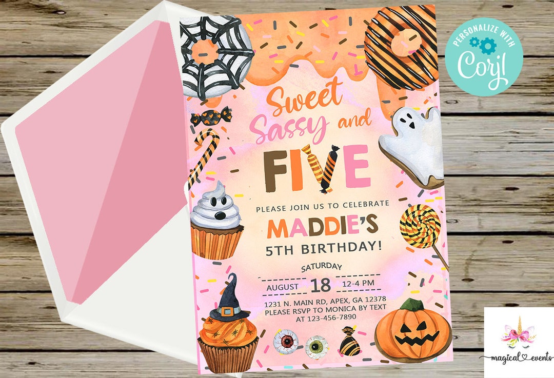 Candy SWEET SASSY and FIVE Girl Halloween Birthday Invitation ...