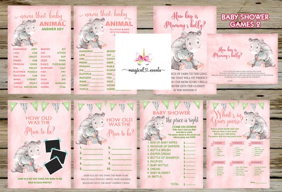 Mom and Baby Hippo Baby Shower Games Bundle Girl Baby Shower - Etsy