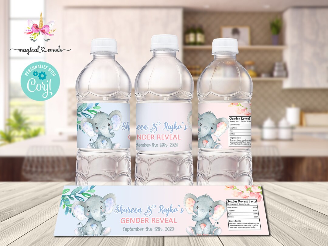 Elephants Gender Reveal Water Bottle Labels, Elephant Gender Reveal ...