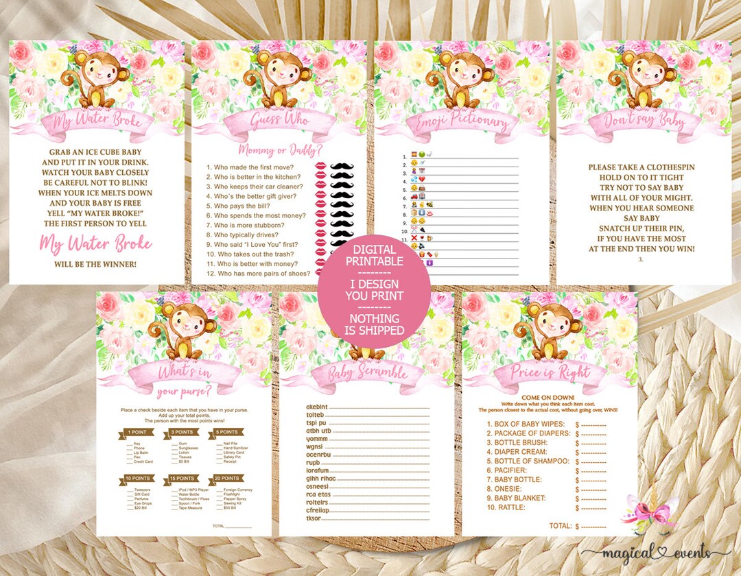 Monkey Baby Shower Games Bundle, Girl Monkey Games Package, Pink Monkey ...