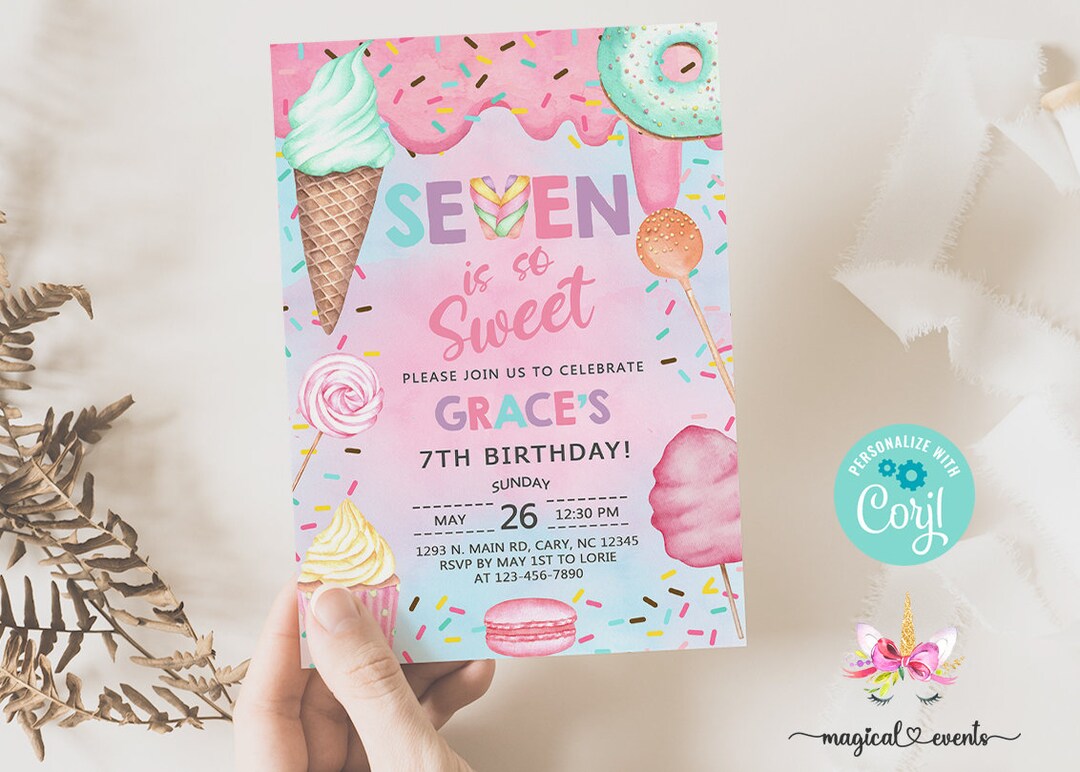 Seven is so Sweet Girl 7th Birthday Invitation, Invite, Cotton Candy ...