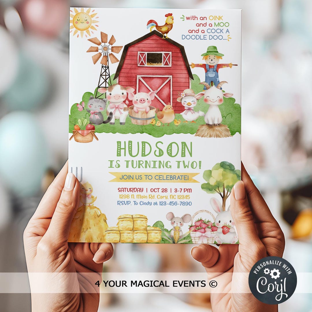 Farm Boy Birthday Invitation, Boy Farm Animals & Tractor Birthday ...