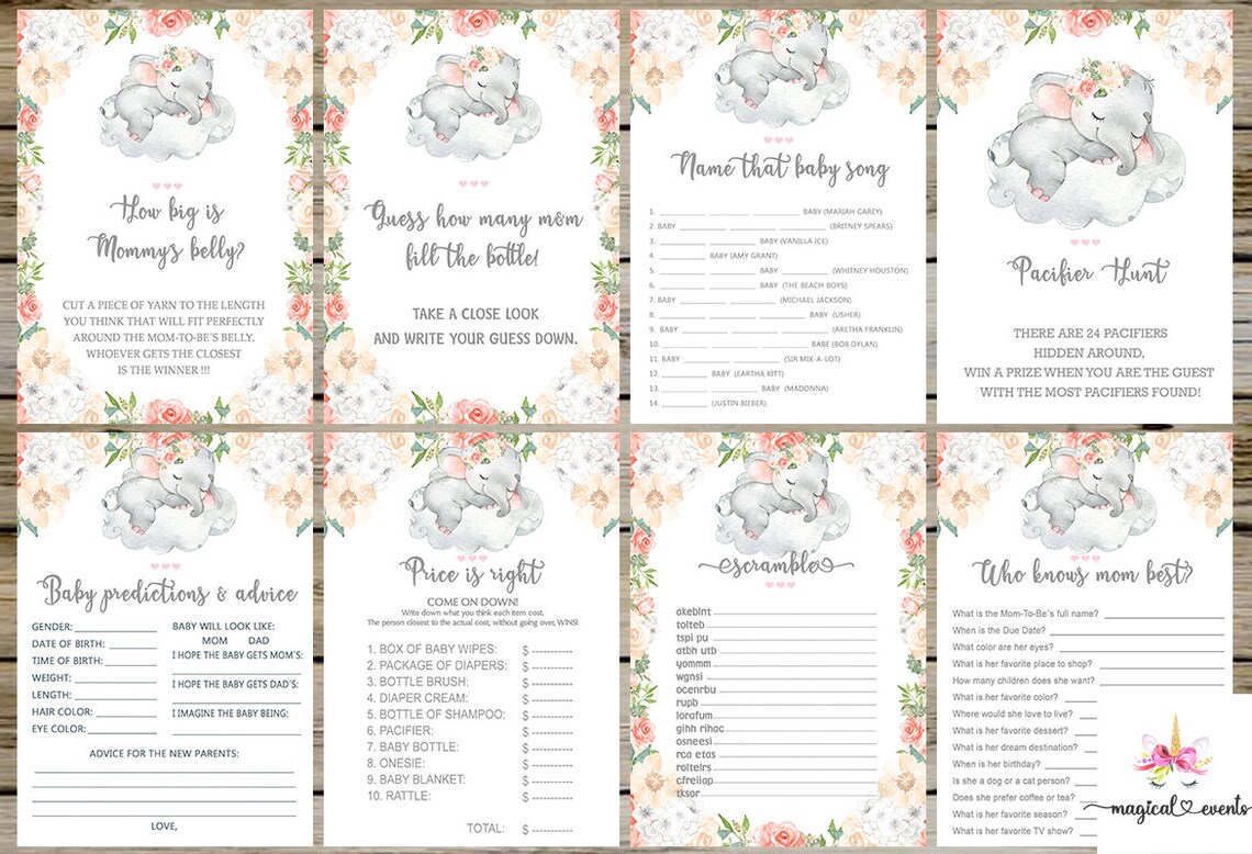 Elephant Baby Shower Games Bundle Girl Baby Shower Games | Etsy