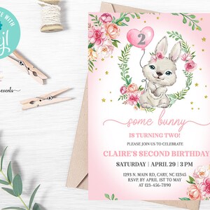Some Bunny Girl Birthday Invitation, White Bunny Pink Flowers Girl ...